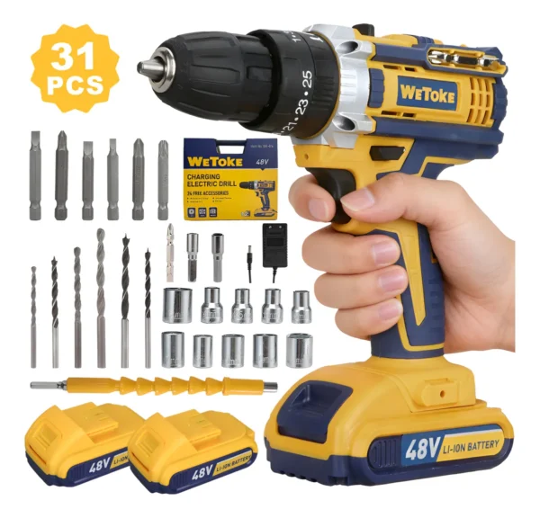 Wetoke 48V Cordless Impact Drill/Driver Set: Includes 2 × 1300mAh ...